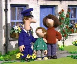 Portrait of the Postman Pat and his family, his wife Sarah and his son ...